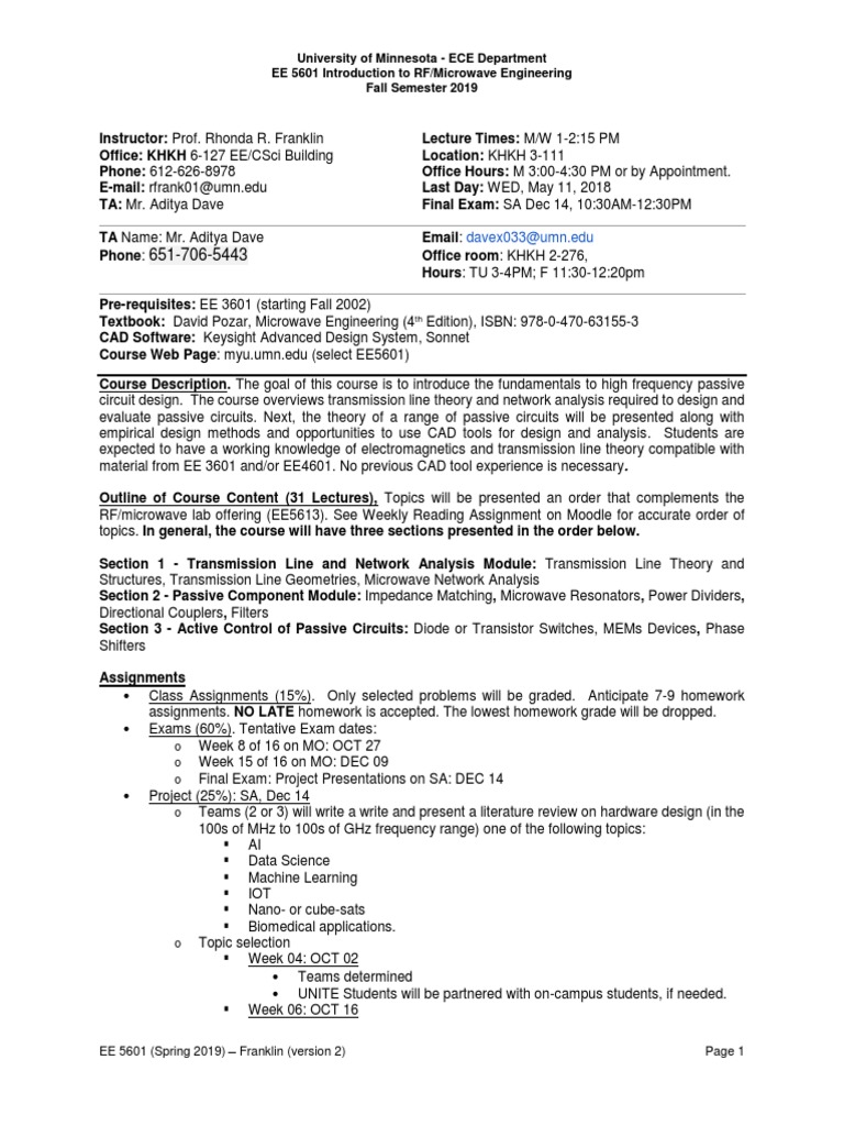 Ee5601 f2019 Syllabus Final | PDF | Sexual Harassment | Disability