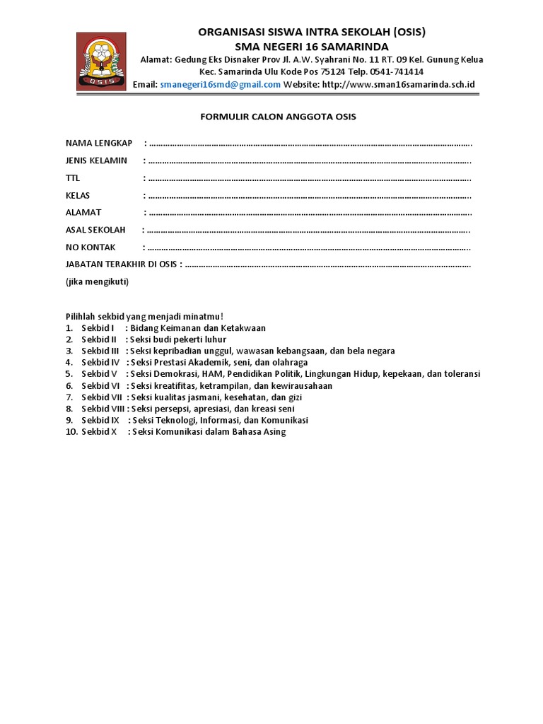Form Seleksi Anggota OSIS | PDF