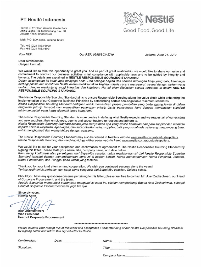 Nestle Responsible Sourcing Standard Cover Letter | PDF