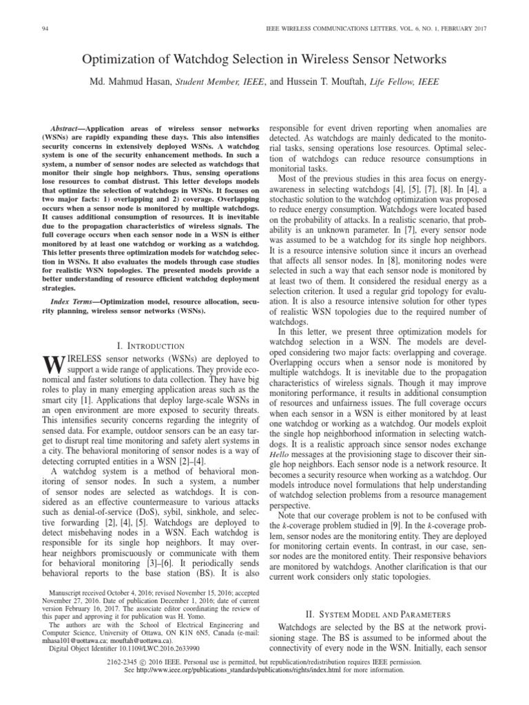 Optimization of Watchdog Selection in Wireless Sensor Networks | PDF ...