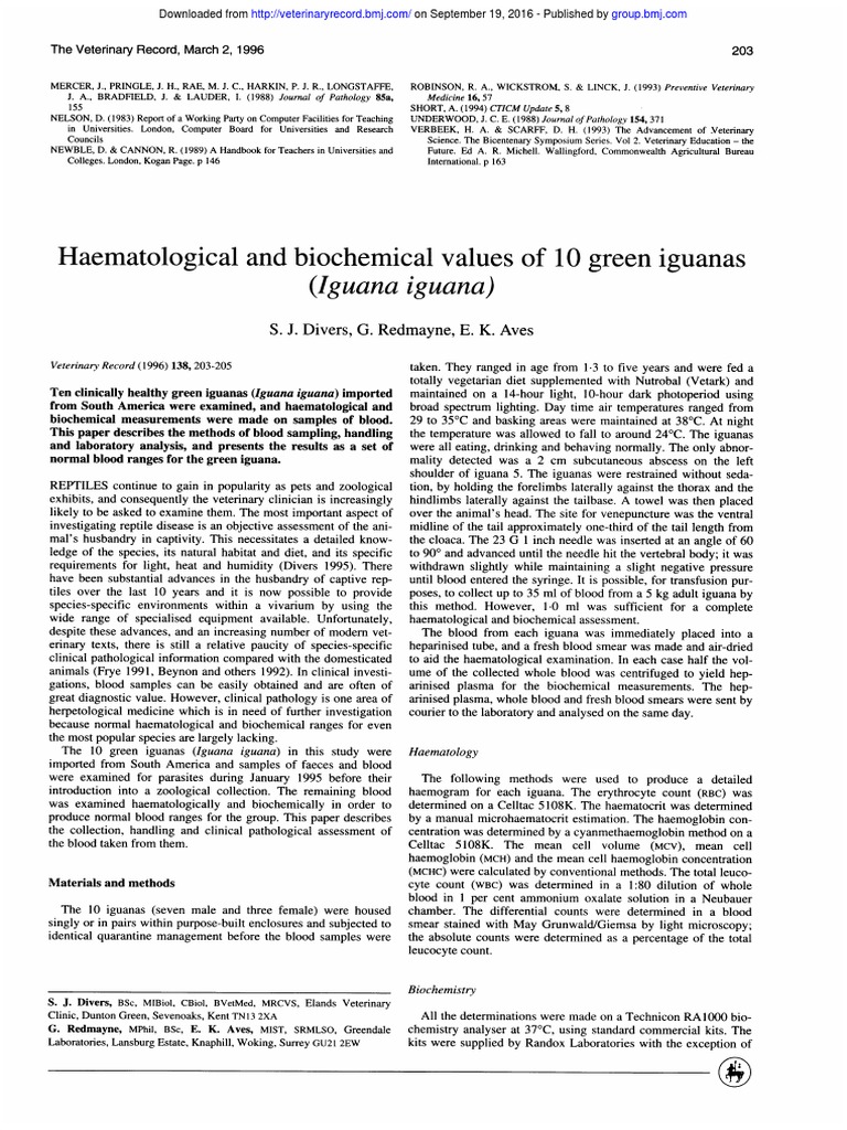 Haematological Iguanas: and Biochemical Values 10 | PDF | Tissue ...