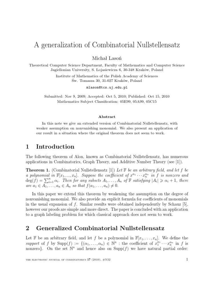 A Generalization Of Combinatorial Nullstellensatz Micha L Laso N Pdf Combinatorics Vertex