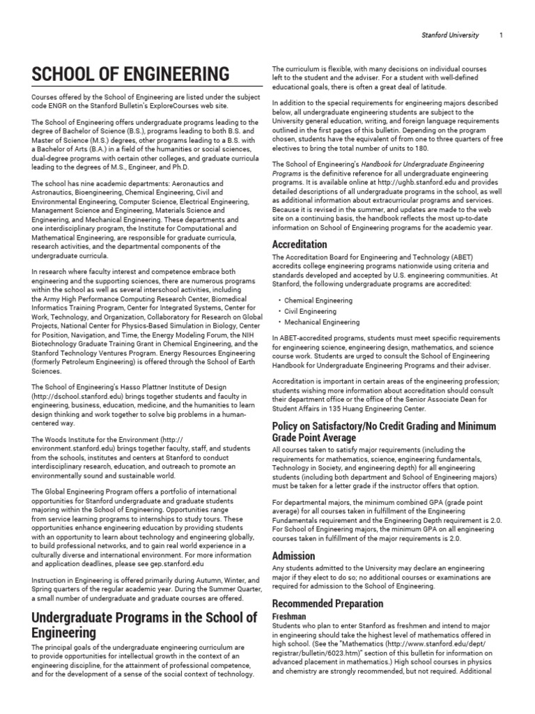 Bachelor of Science in Mechanical Engineering Stanford University ...