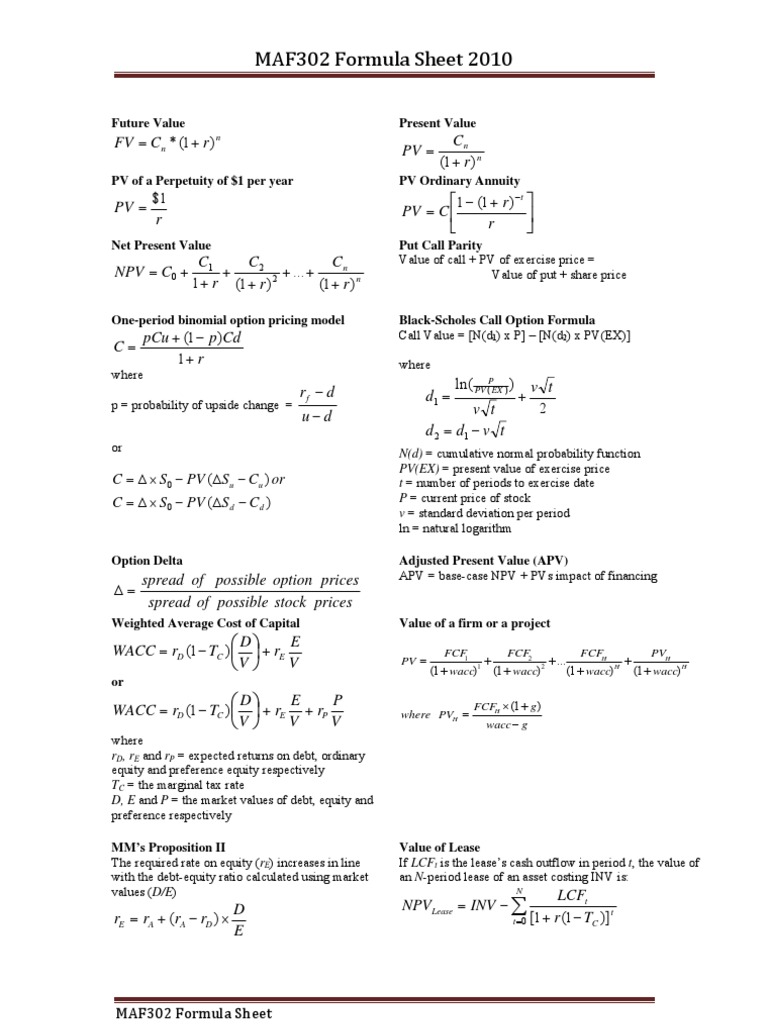 Formula Sheet MAF 302 Corporate Finance | PDF | Financial Accounting ...