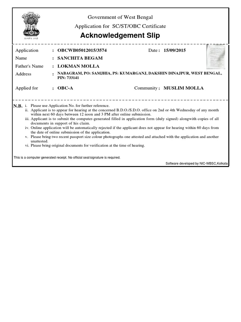 Acknowledgement Slip: Government of West Bengal Application For SC/ST/OBC Certificate | PDF ...