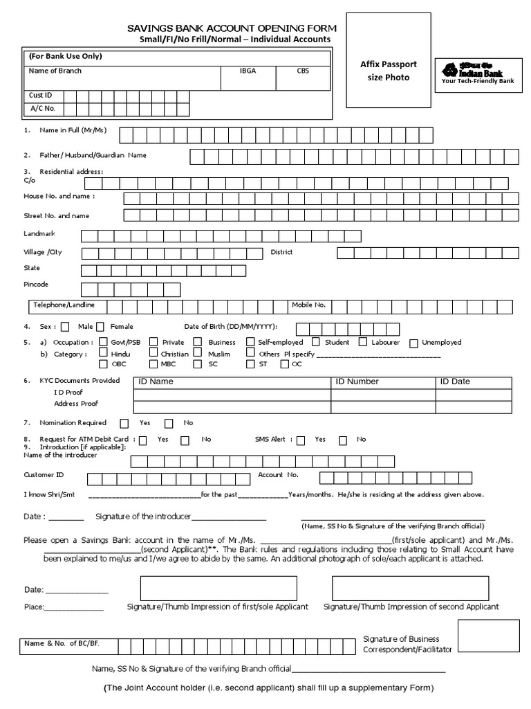 Savings Bank Account Opening Form Small/FI/No Frill/Normal - Individual ...