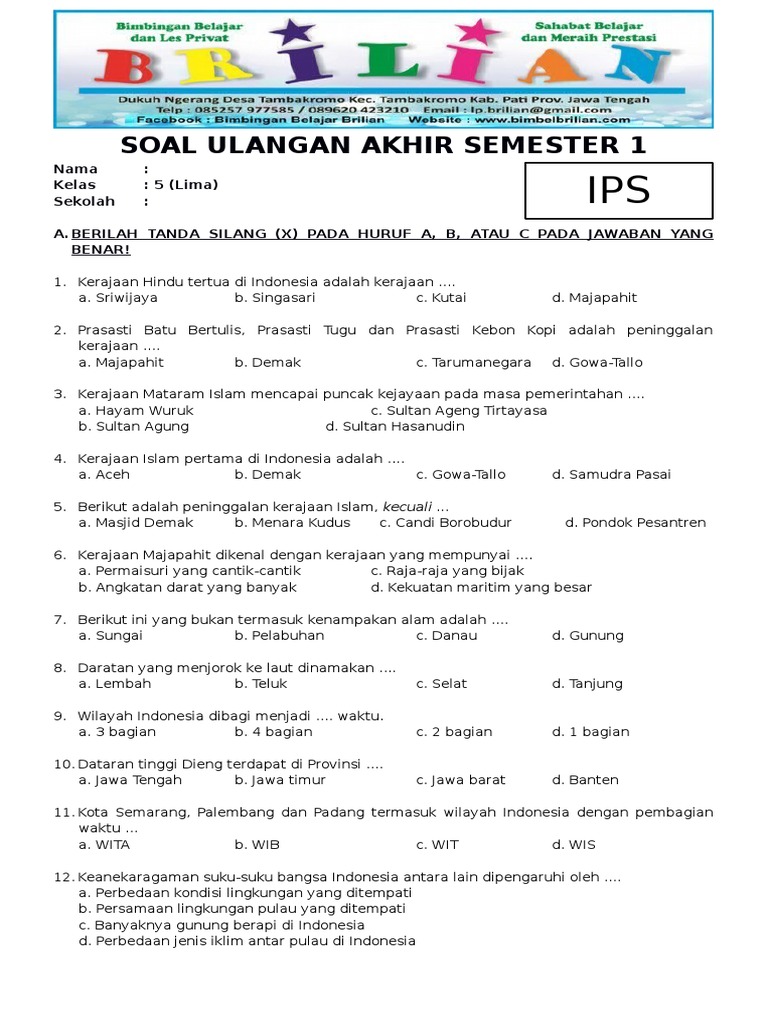 Soal Uas Ips Kelas 5 Sd Semester 1 Ganjil Dan Kunci Jawaban Pdf Pdf