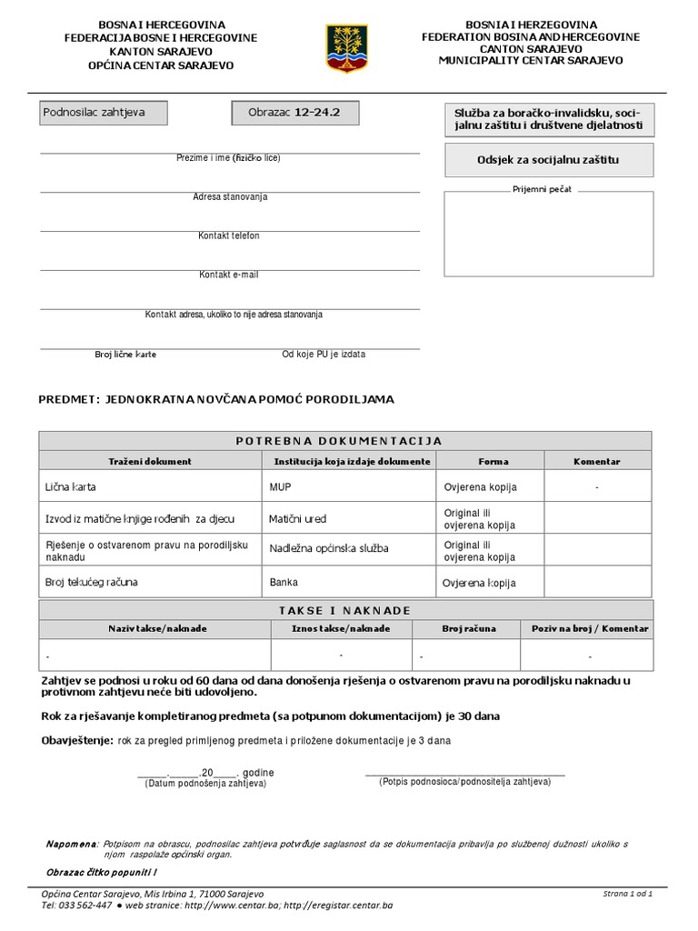 Podnosilac Zahtjeva Obrazac 12-24.2: Predmet: Jednokratna Novčana Pomoć ...