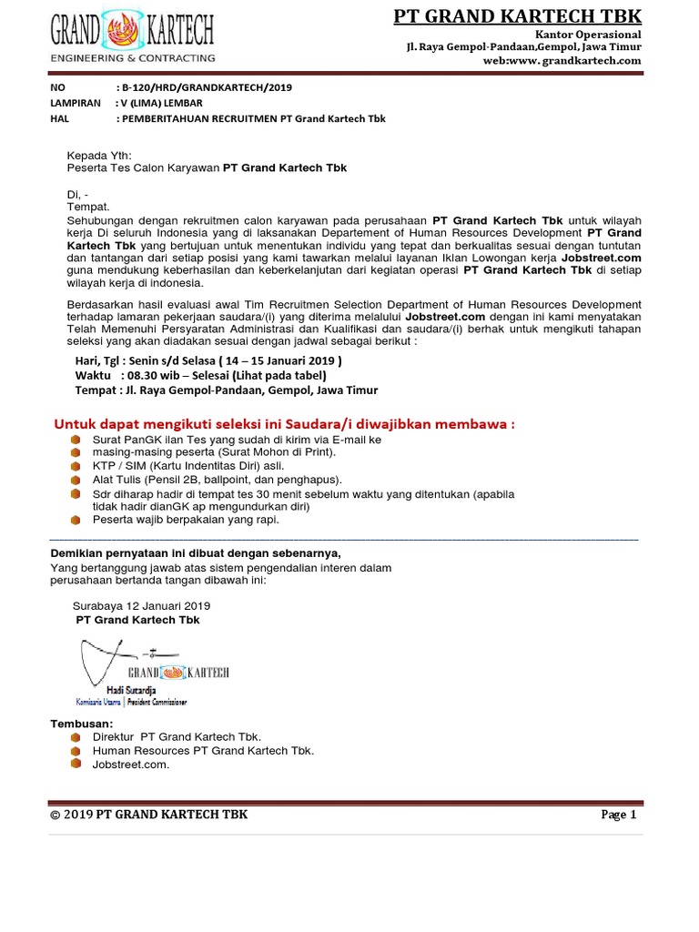 Surat Undangan Interview PT Grand Kartech TBK | PDF