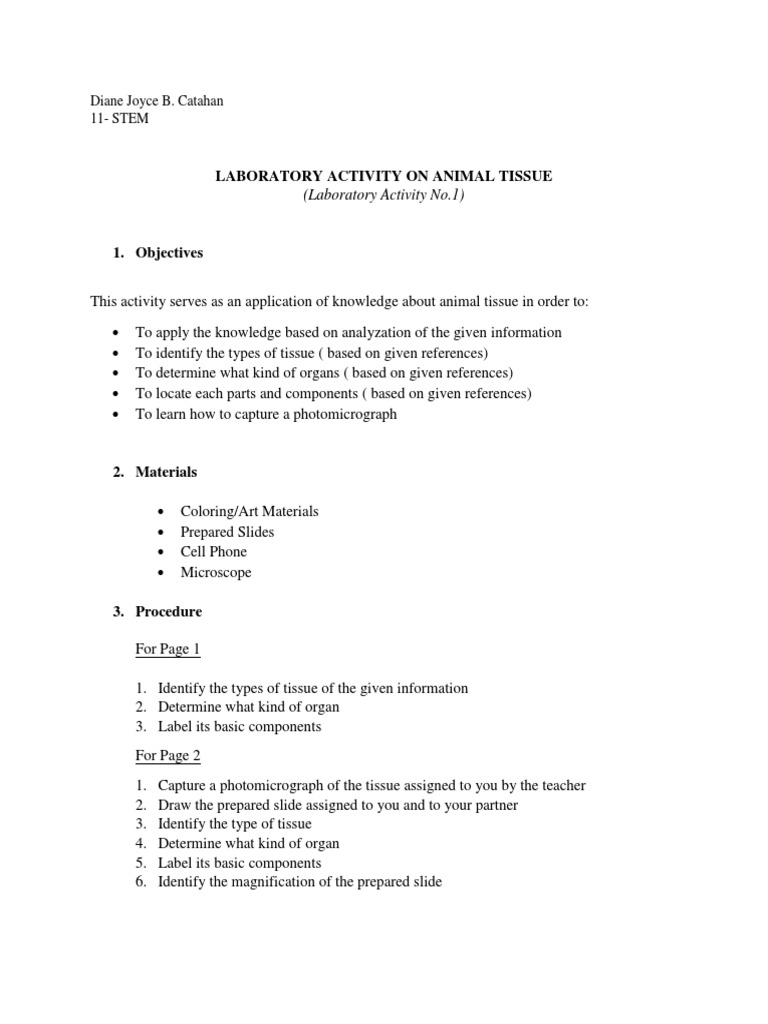 Laboratory Activity On Animal Tissue | PDF