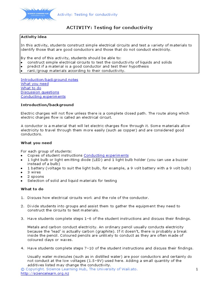 ACTIVITY: Testing For Conductivity | PDF | Electrical Resistivity And ...