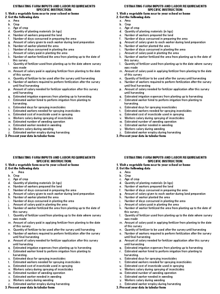 Estimating Farm Inputs and Labor Requirements Specific Instructions ...