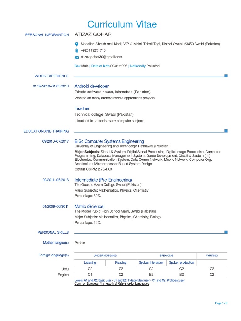 Atizaz CV | PDF | Pakistan | Engineering