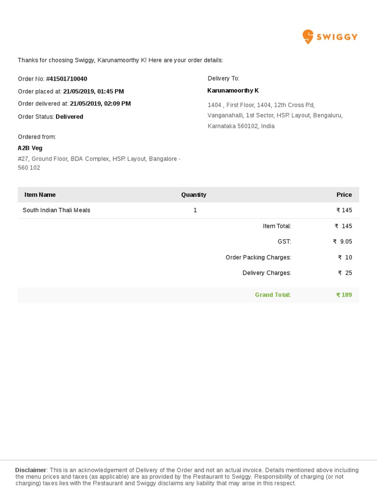 Karunamoorthy K: Thanks For Choosing Swiggy, Karunamoorthy K! Here Are ...