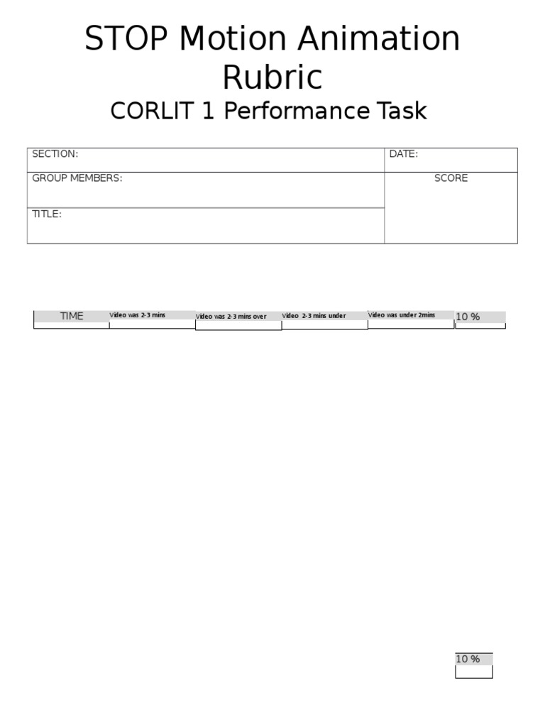 STOP Motion Animation Rubric: CORLIT 1 Performance Task | PDF