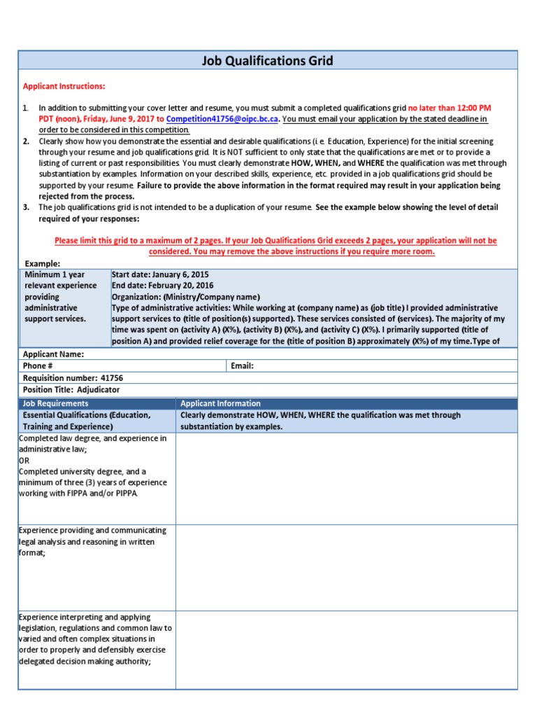 Job Qualifications Grid: Competition41756@oipc - Bc.ca | PDF | Résumé ...
