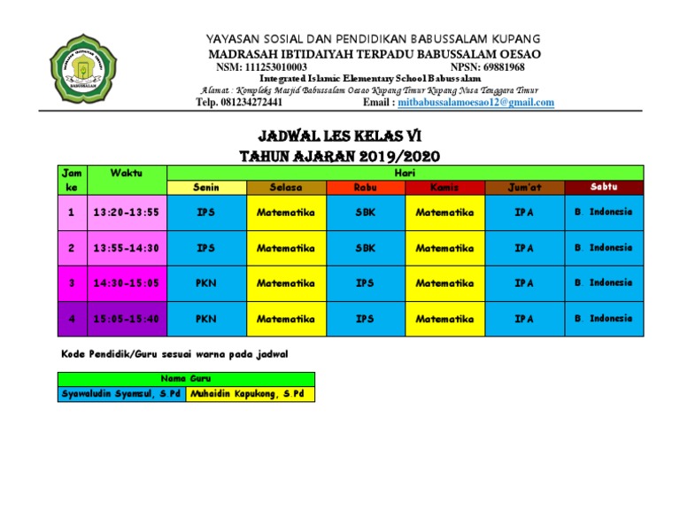 Jadwal Les Kelas VI Babussalam 2019/2020 | PDF