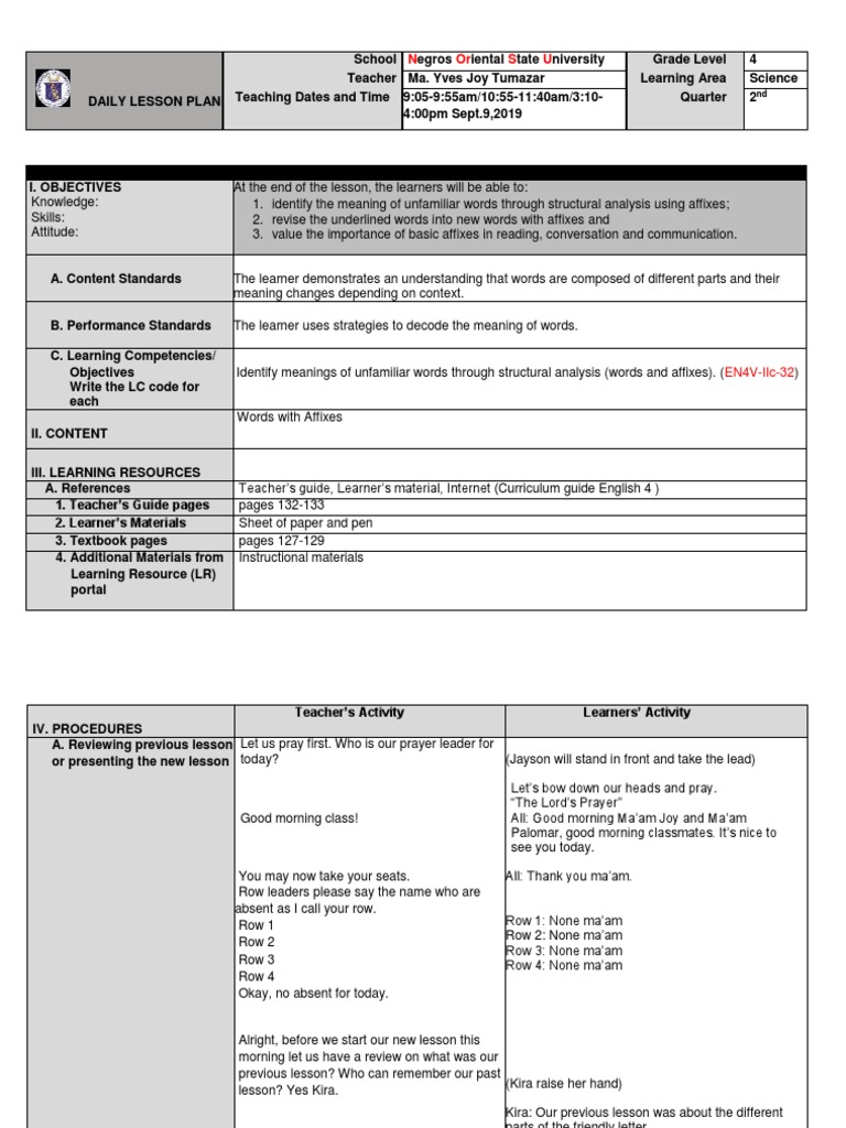 N or S U: En4V-Iic-32 | PDF | Learning | Prayer
