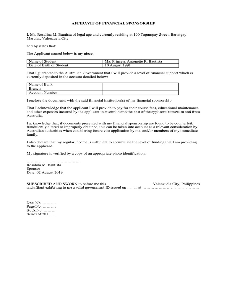 Financial Sponsorship Affidavit | PDF