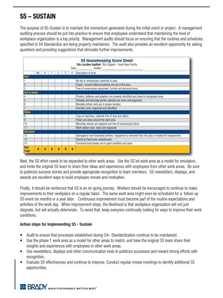 S5 - Sustain: 5S Housekeeping Score Sheet | PDF | Audit | Motivation