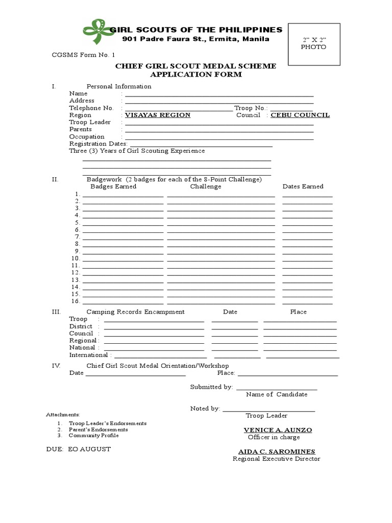 Chief Girl Scout Medal Scheme Application Form: Girl Scouts of The Philippines | PDF