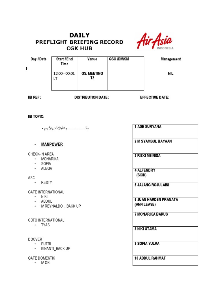 Daily Preflight Briefing Record CGK | PDF | Baggage