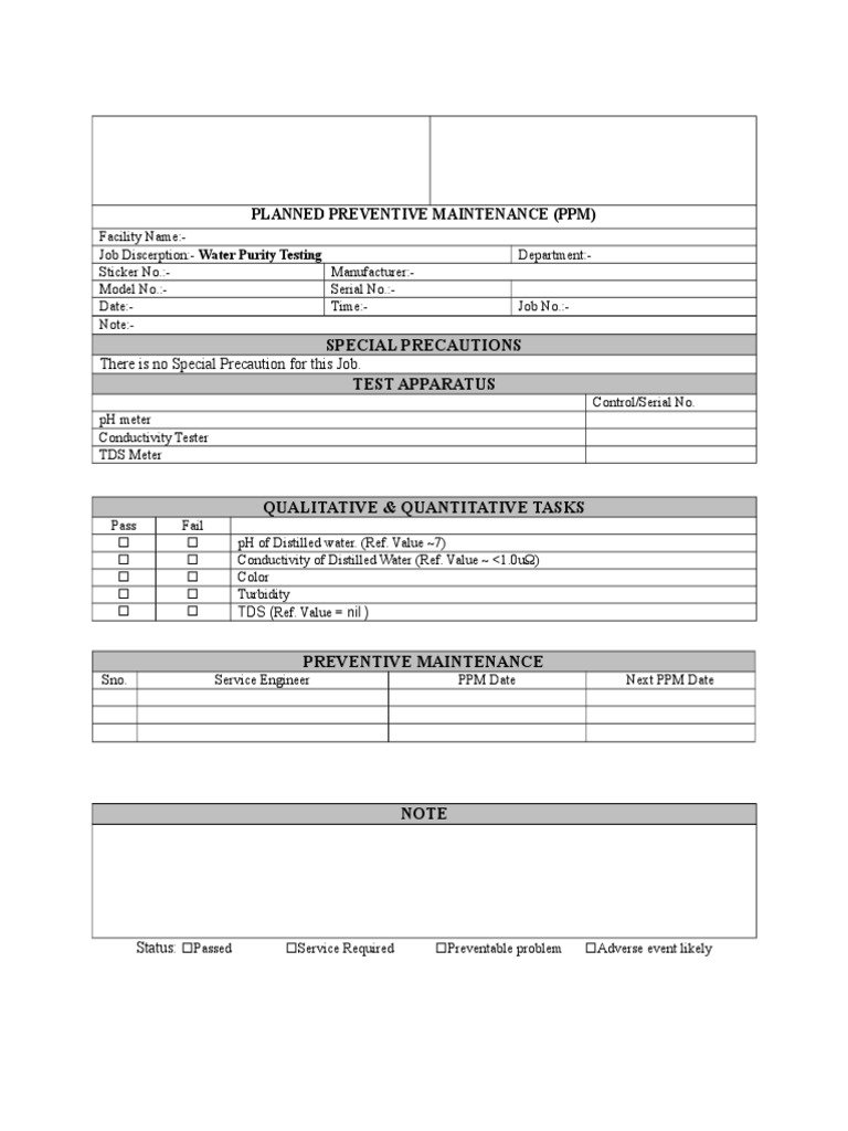 Special Precautions Test Apparatus: Planned Preventive Maintenance (PPM ...