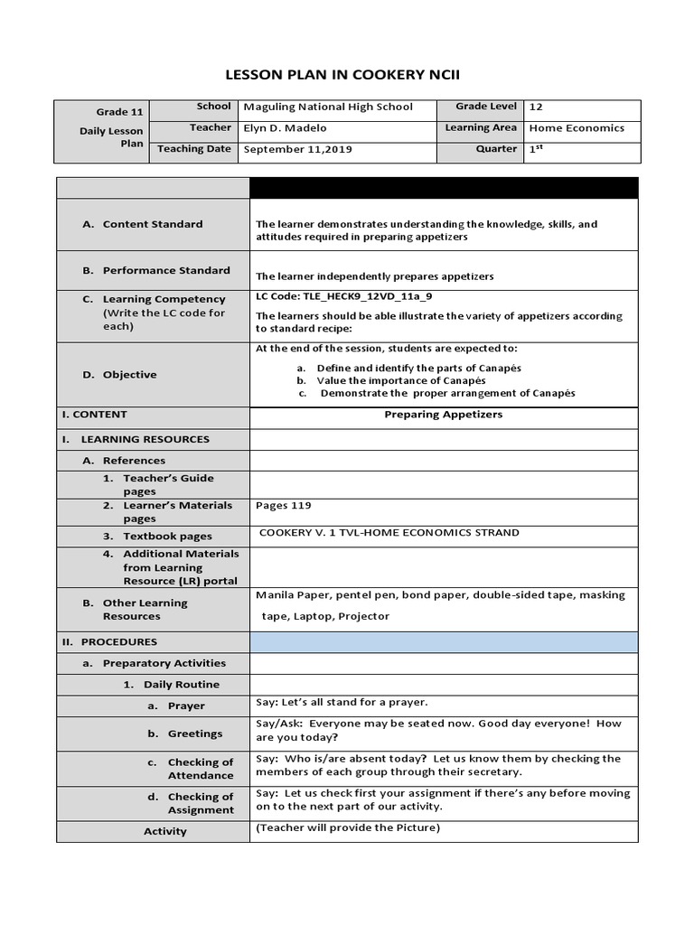 Grade 11 Appetizer Lesson Plan | PDF | Foods | Cuisine