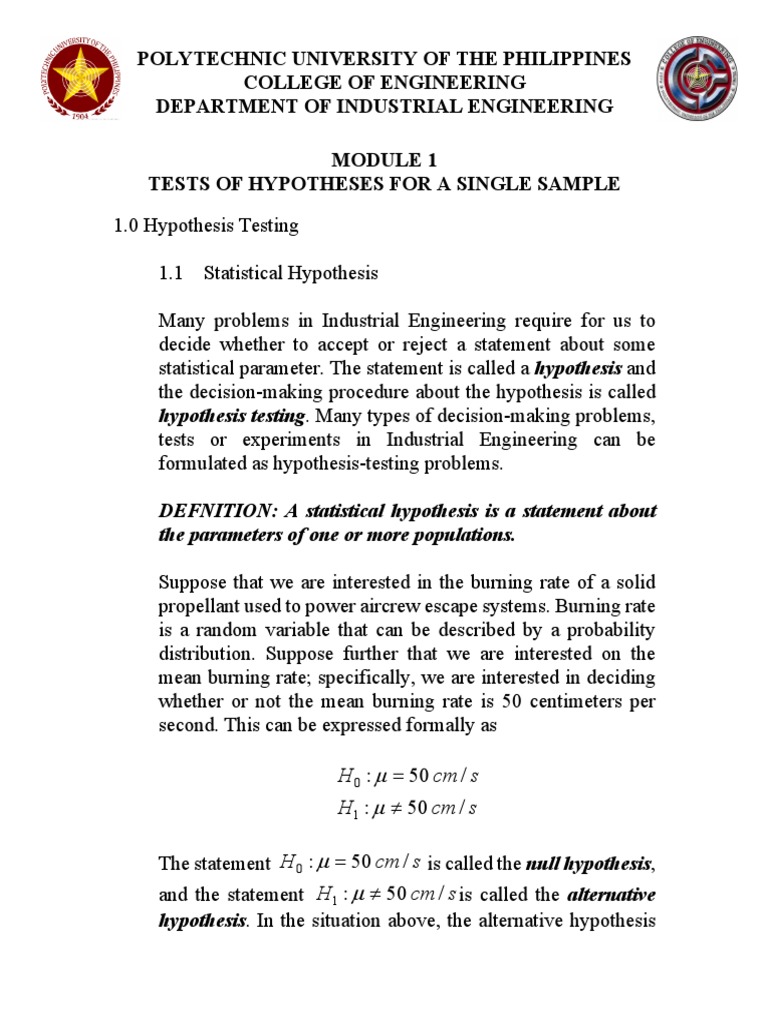 Module 1 - Tests of Hypothesis For A Single Sample | PDF | Type I And ...