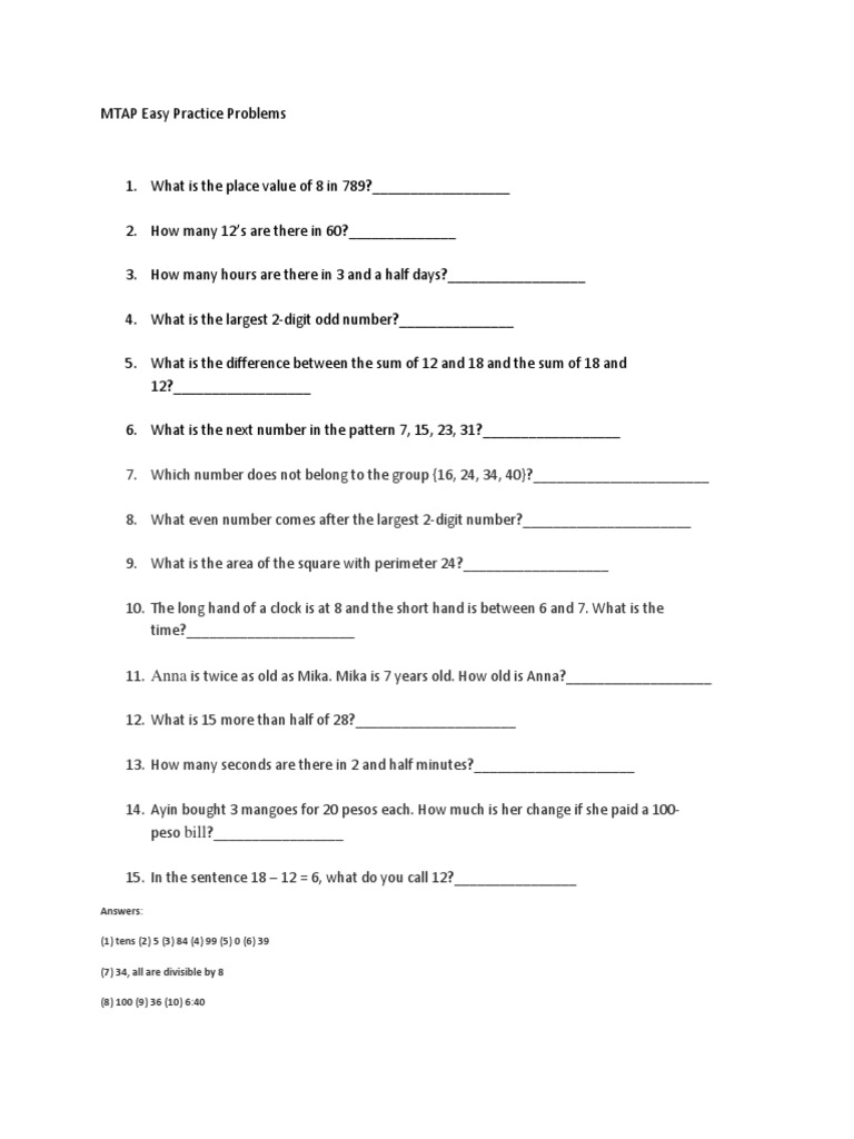 MTAP Easy Practice Problems: Solving Word Problems and Place Value ...