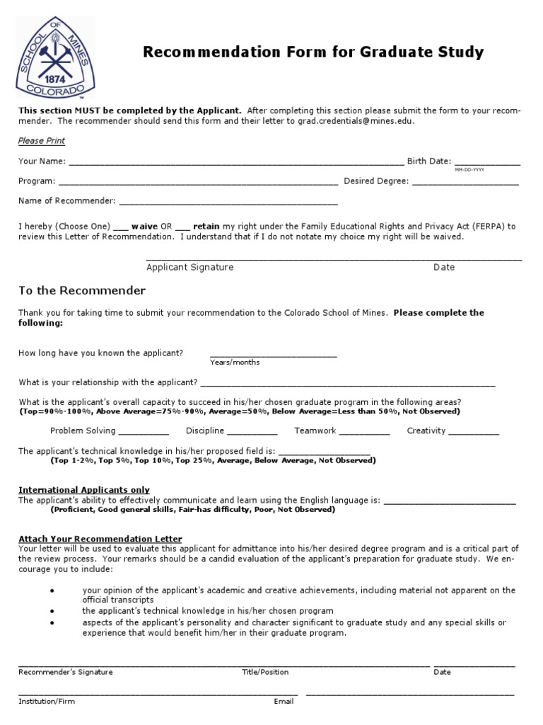 Recommendation Form For Graduate Study: To The Recommender | PDF ...