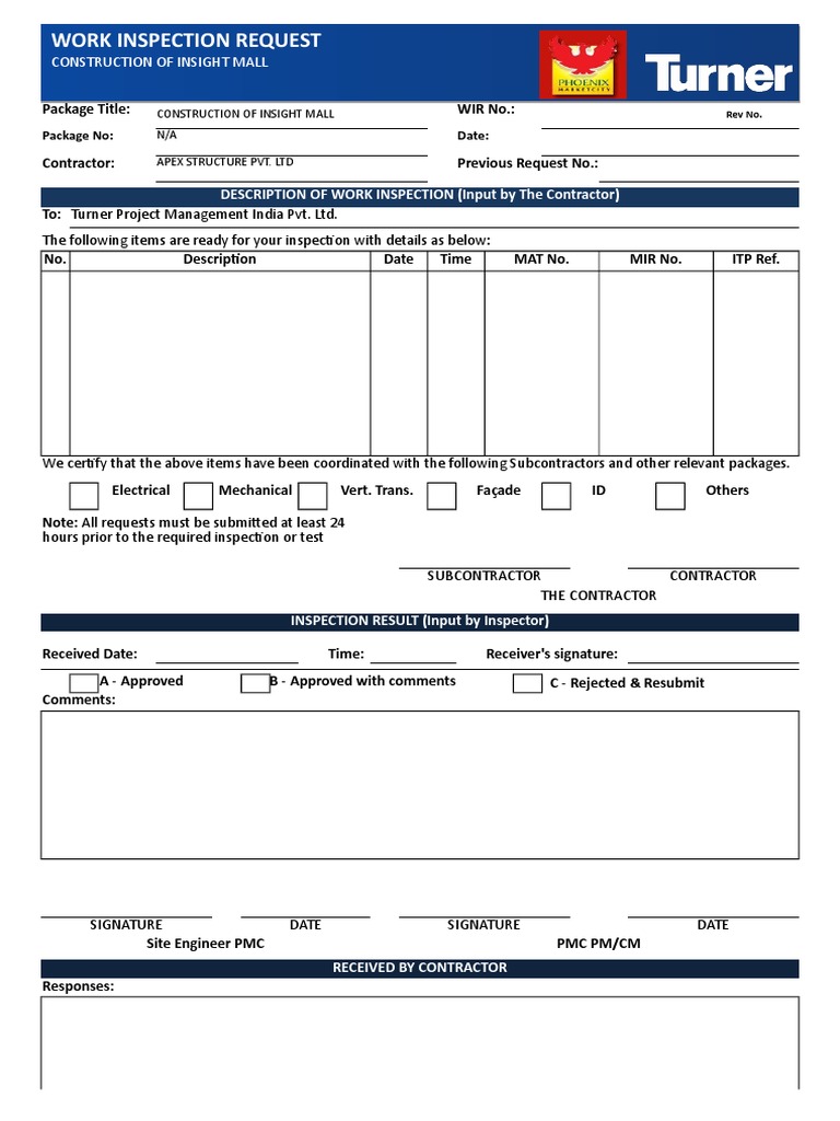 Work Inspection Request: DESCRIPTION OF WORK INSPECTION (Input by The Contractor) | PDF ...