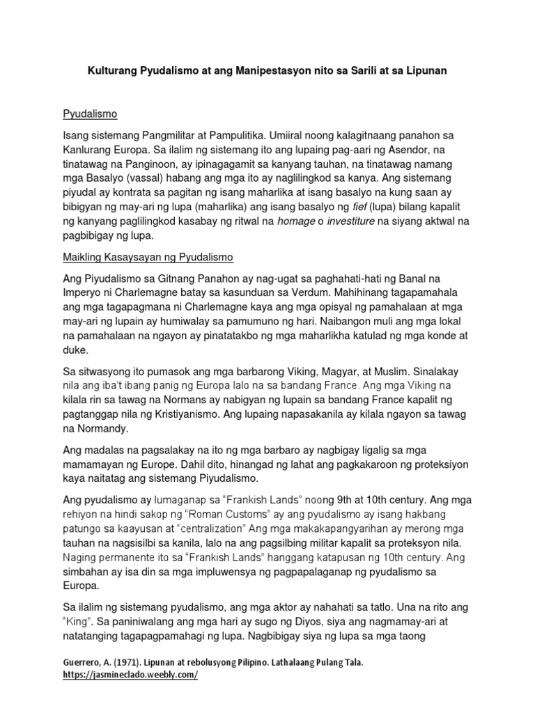 Kulturang Pyudalismo at Ang Manipestasyon Nito Sa Sarili at Sa Lipunan ...