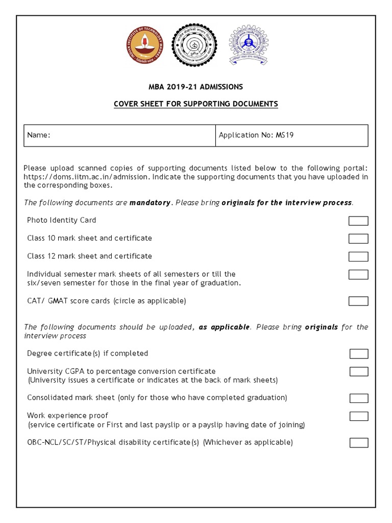 Mba 2019-21 Admissions Cover Sheet For Supporting Documents | PDF