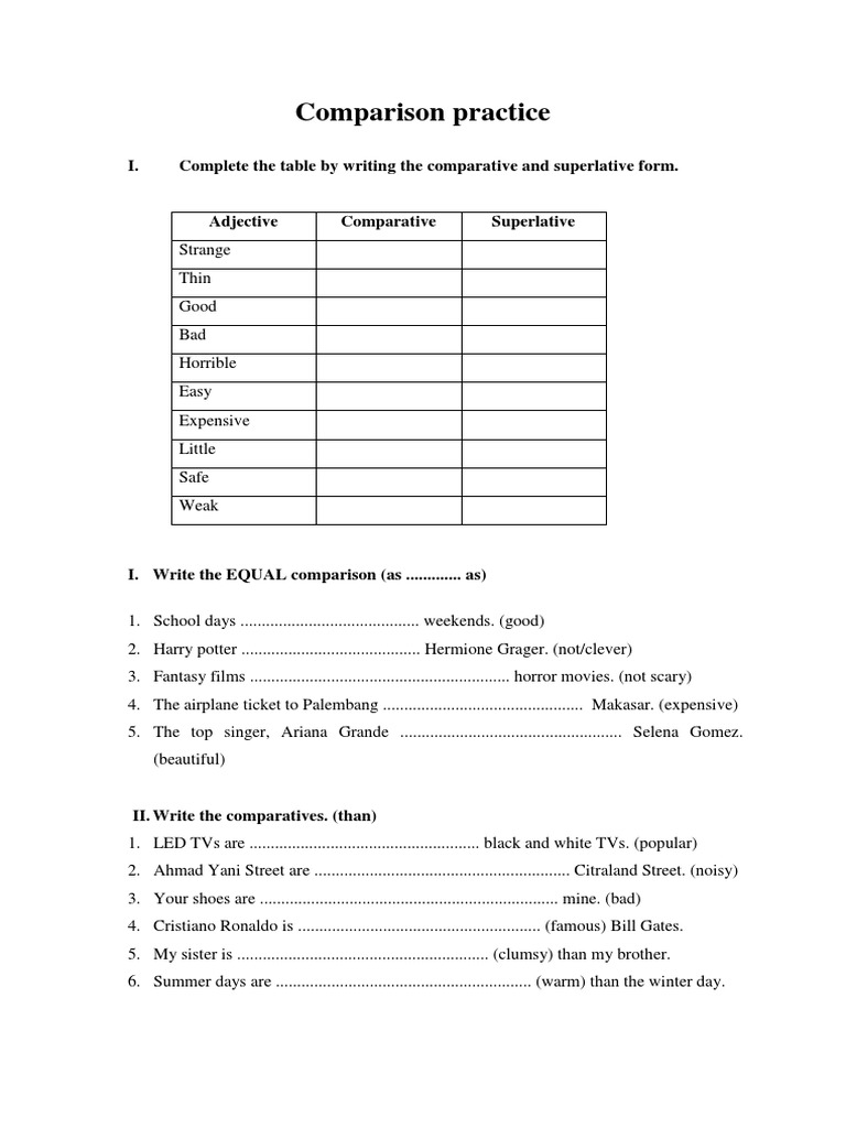 Comparison Practice: I. Complete The Table by Writing The Comparative ...