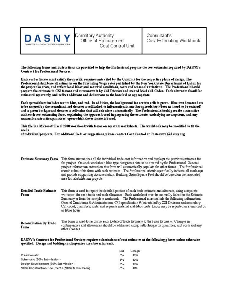 DASNY Cost Estimating Workbook Guide | PDF | Spreadsheet | Business