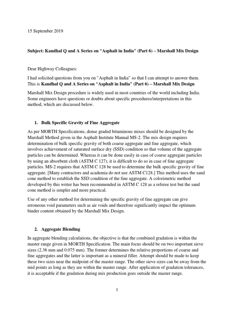 Kandhal Q and A Part 6 On Marshall Mix Design - Letter To Highway ...