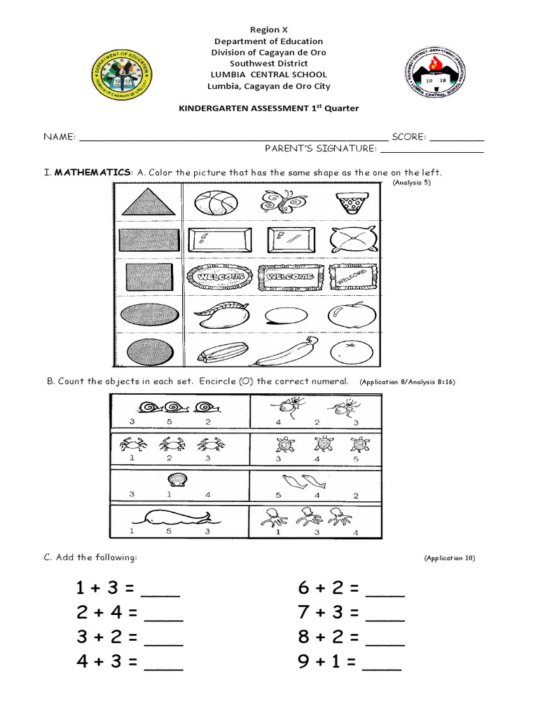 Kindergarten Assessment 1 Quarter | PDF | Cognition | Learning