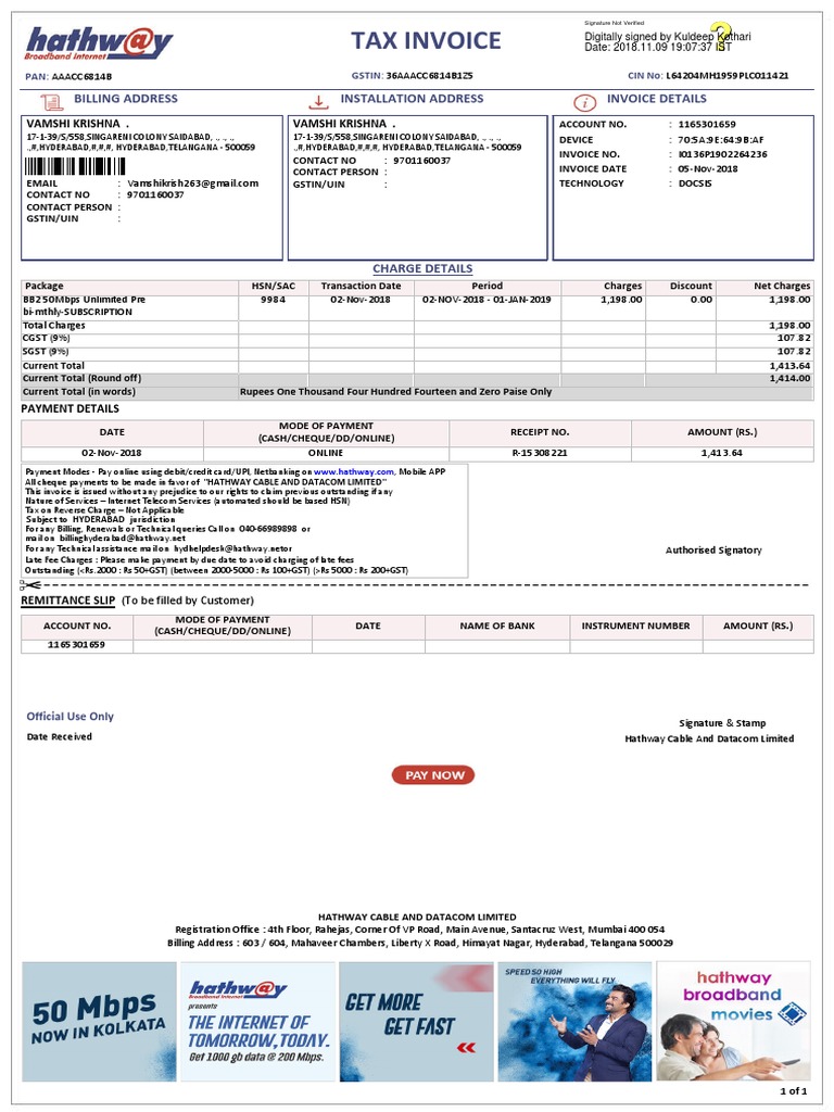 Tax Invoice: Billing Address Installation Address Invoice Details | PDF ...
