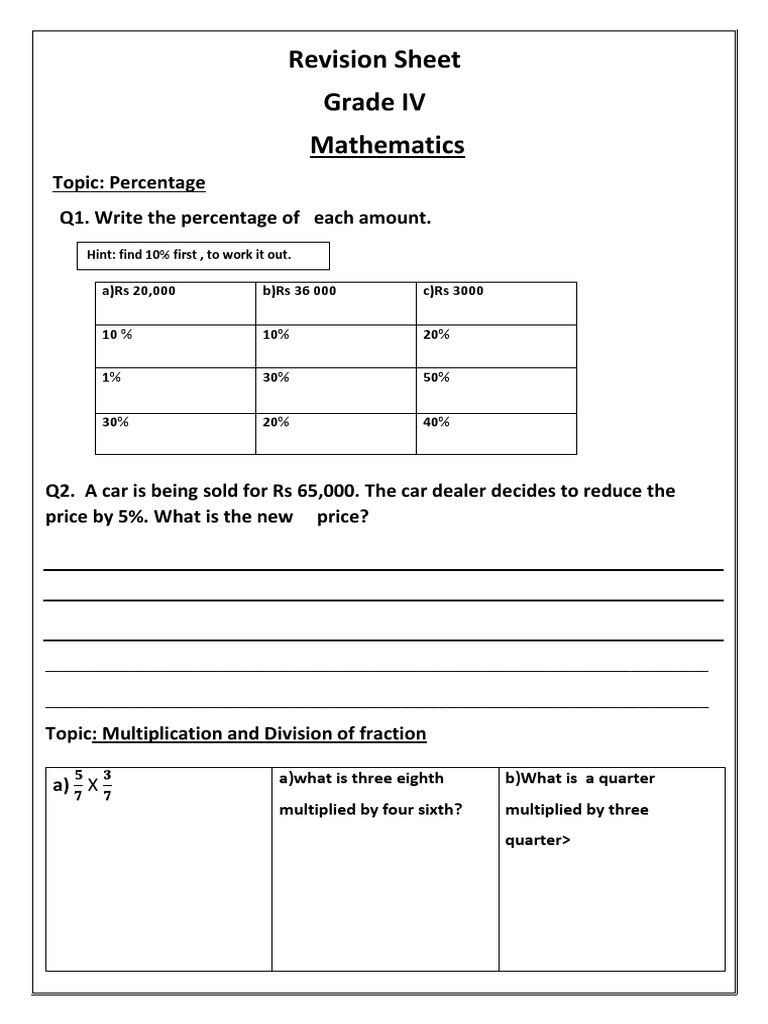 Revision Sheet Grade IV Mathematics: Topic: Percentage | PDF | Area ...