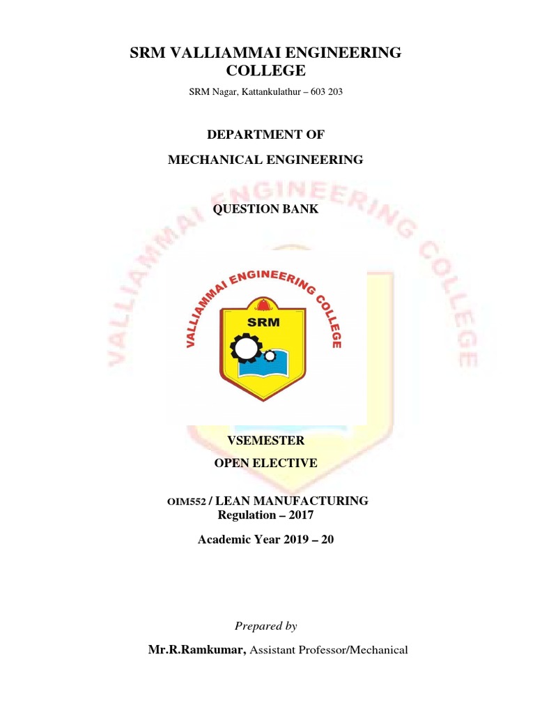 SRM Valliammai Engineering College Question Bank on Lean Manufacturing ...