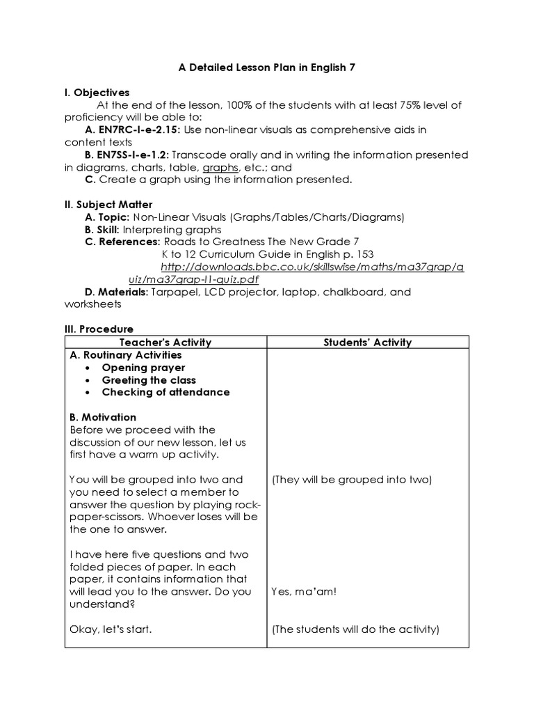 First Quarter Lesson Plan For RPMS English 7 | PDF | Chart | Infographics