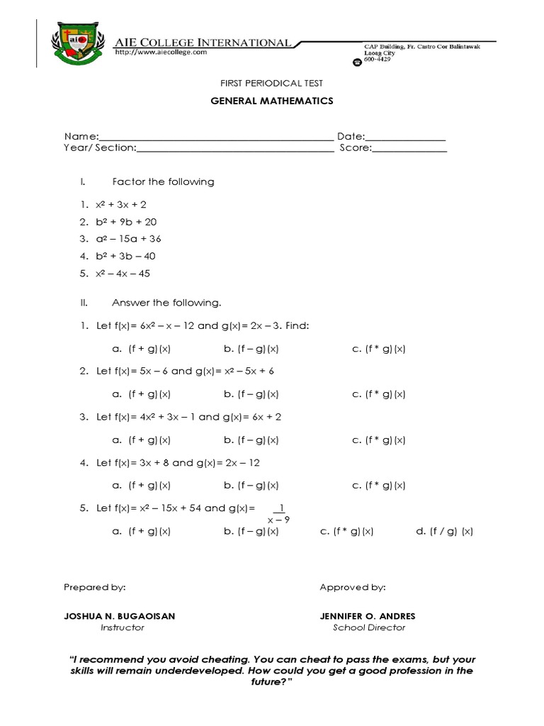 General Mathematics Test: Factor & Functions | PDF | Teaching Methods ...
