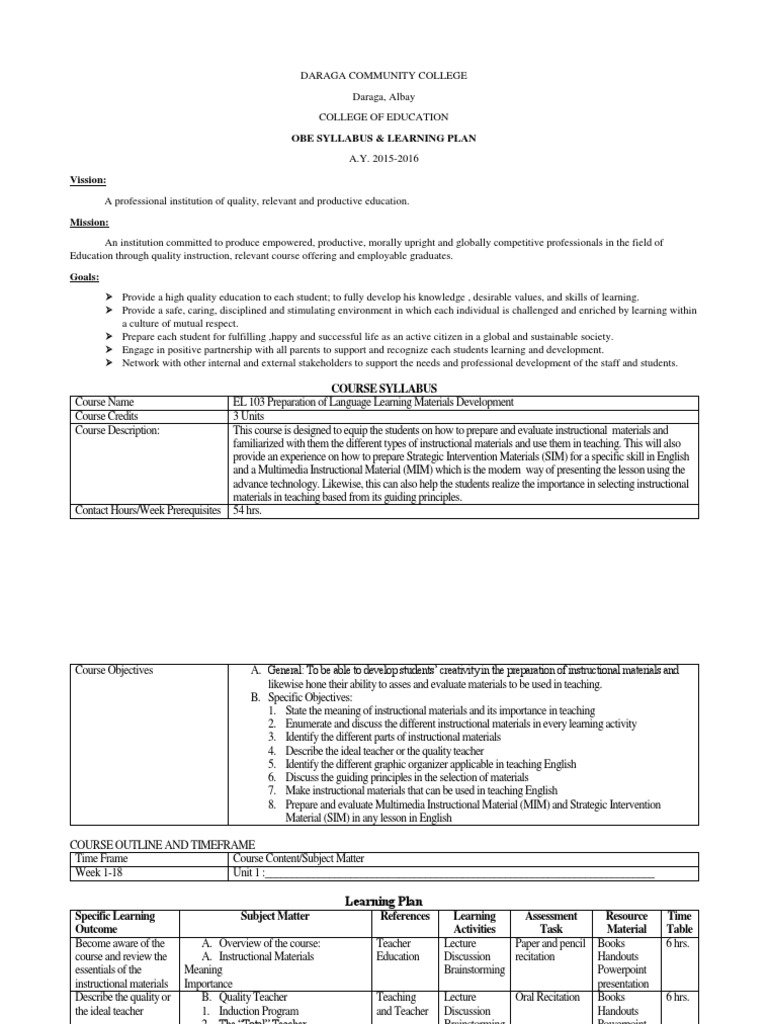 Obe Syllabus & Learning Plan | PDF | Lecture | Education Theory