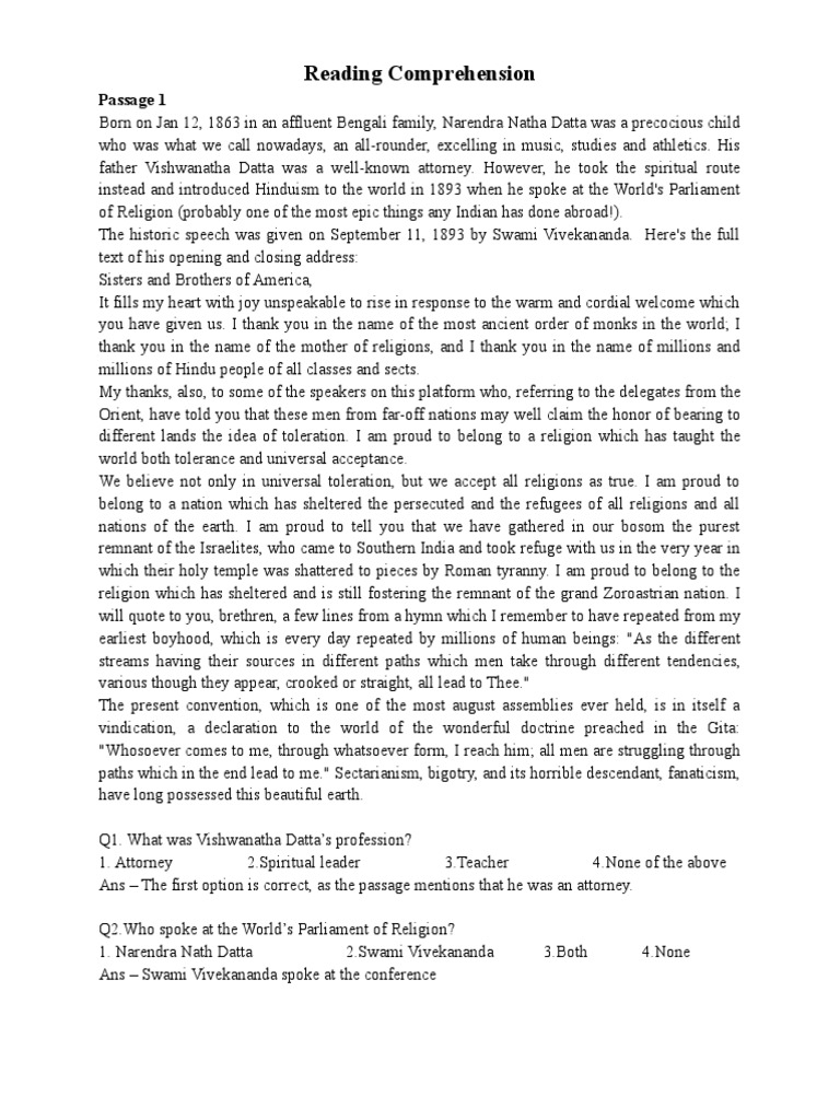 Reading Comprehension Passage For WIPRO - Prev. Q. | PDF | Plate ...