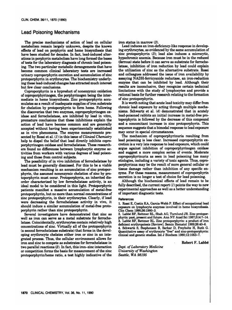 Lead Poisoning Mechanisms: Clin. Chem. 36/11, 1870 (1990) | PDF ...