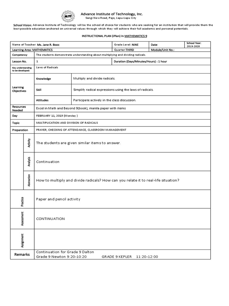 Iplan Math 9 | PDF | Classroom Management | Teachers