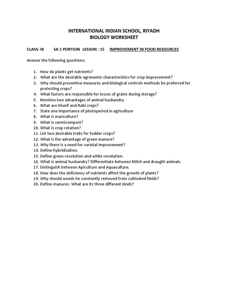 International Indian School, Riyadh Biology Worksheet | PDF
