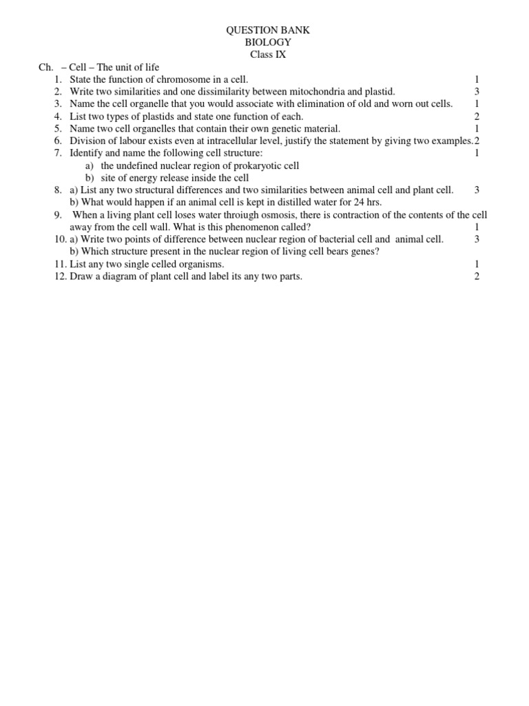 CBSE Class 9 Biology Worksheet - Cell-The Unit of Life | PDF