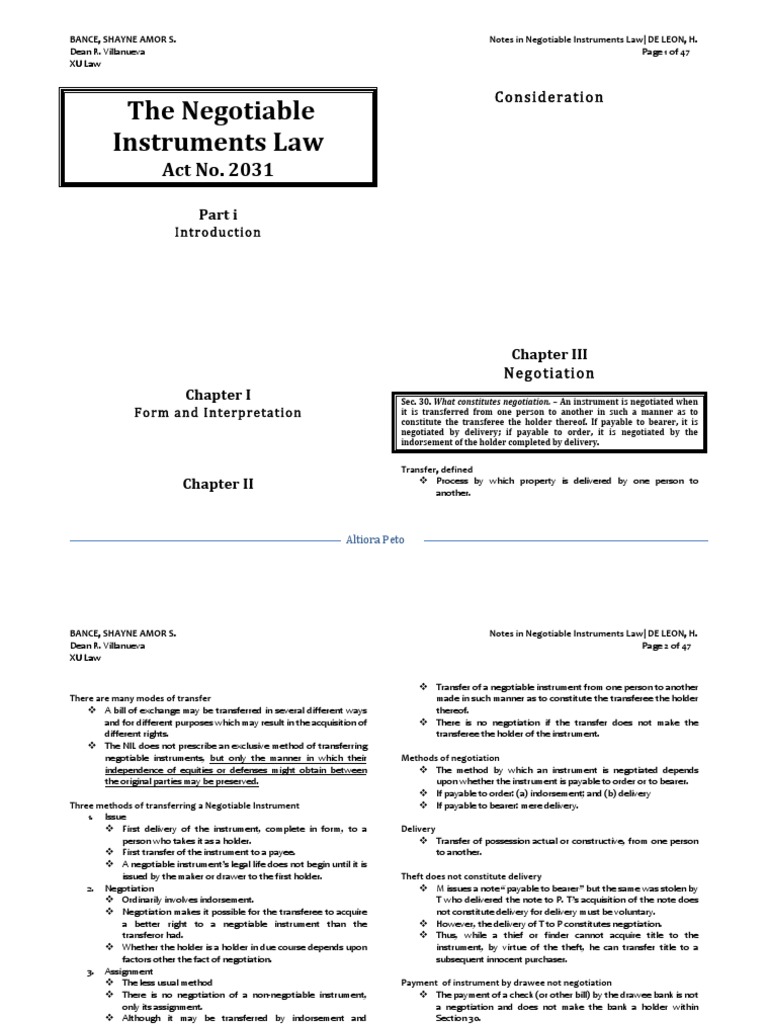 De Leon Negotiable Instruments PDF | PDF | Assignment (Law) | Negotiable Instrument